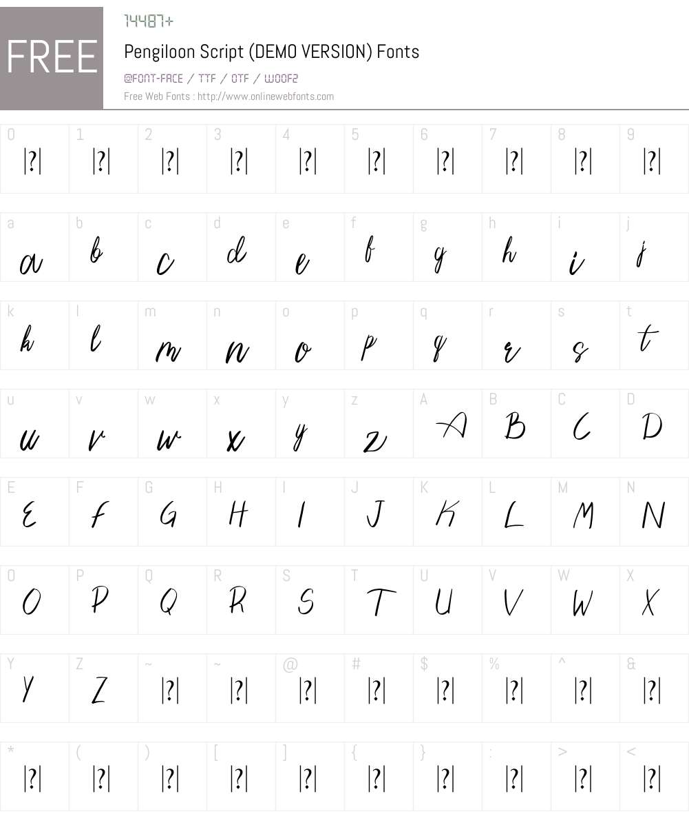 Pengiloon Script (DEMO VERSION) 1.00;May 20, 2019;FontCreator 11.5.0.2427 64-bit Fonts Free ...