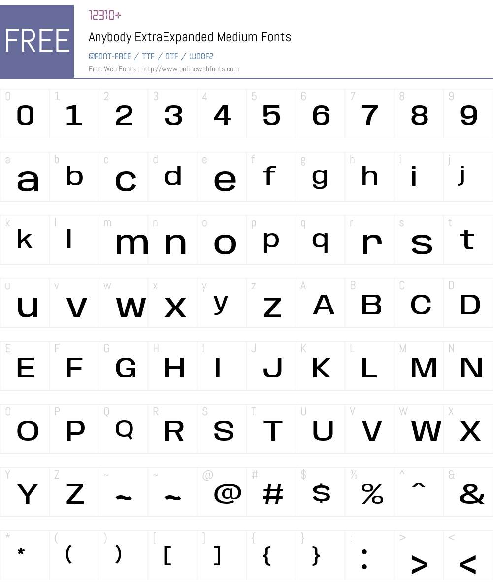 Anybody ExtraExpanded Medium 1.010; ttfautohint (v1.8.3) -l 8 -r 50 -G 200 -x 14 -D latn -f none ...