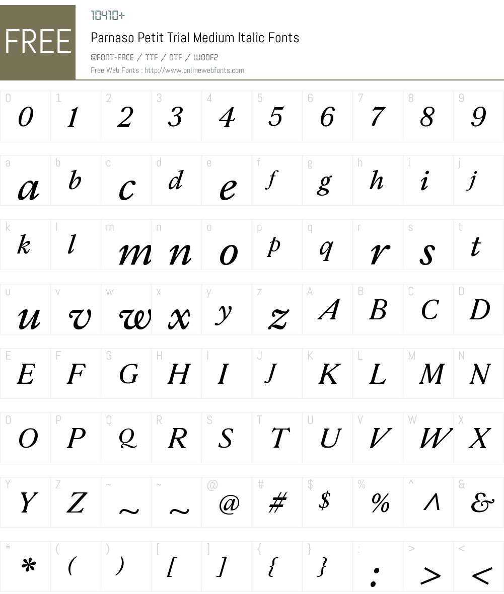 Parnaso Petit Trial Medium It 1.000;Glyphs 3.1.2 (3151) Fonts Free ...