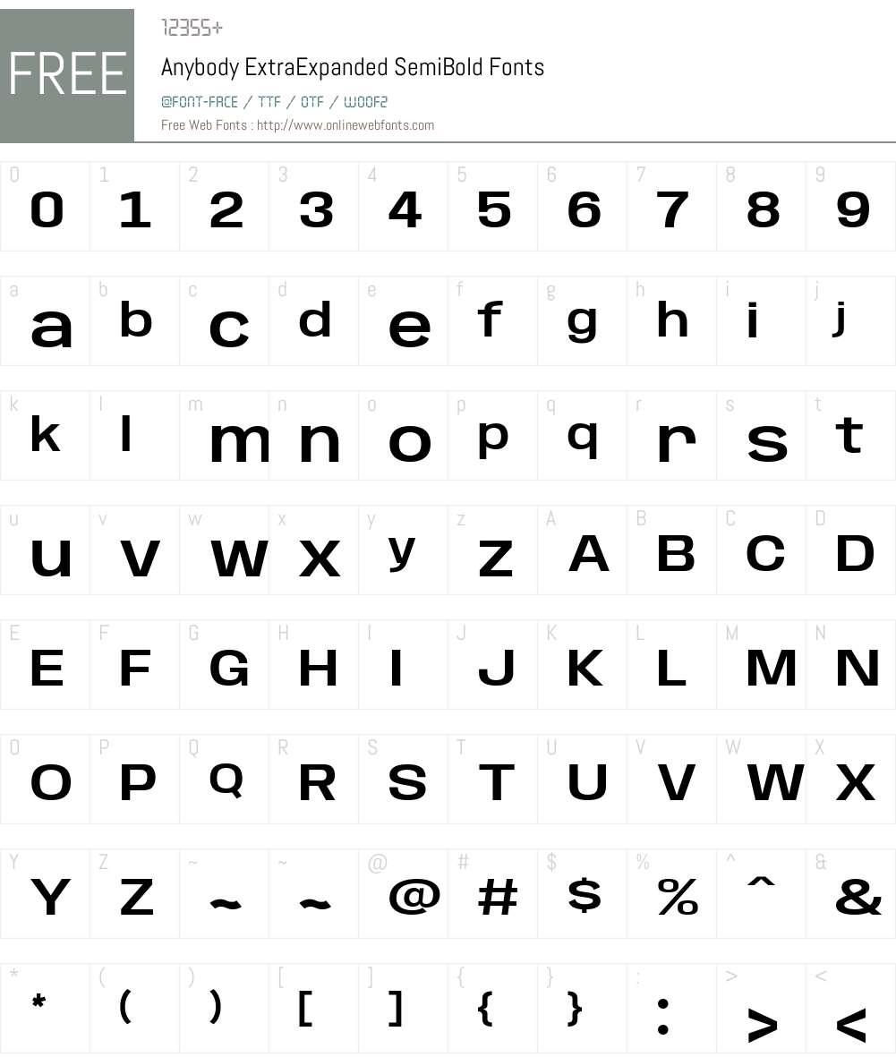 Anybody ExtraExpanded SemiBold 1.010; ttfautohint (v1.8.3) -l 8 -r 50 -G 200 -x 14 -D latn -f ...