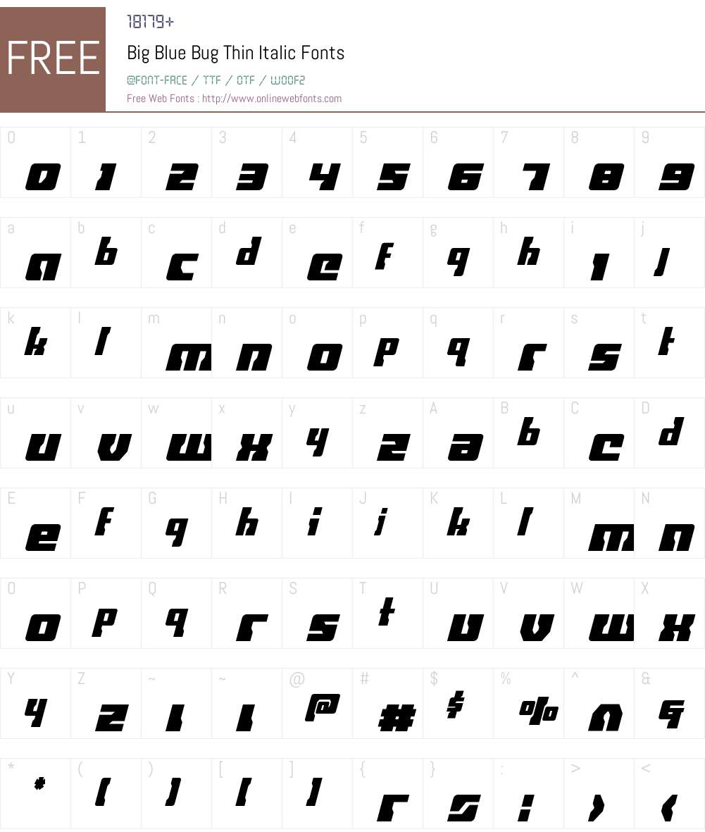 Big Blue Bug Thin Italic 1.0; 2021 Fonts Free Download - OnlineWebFonts.COM