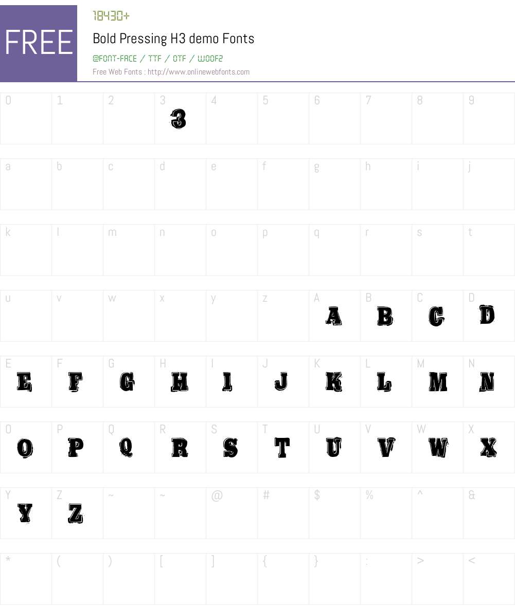 Bold Pressing H3 demo 1.00 April 8, 2014, initial release Fonts Free ...
